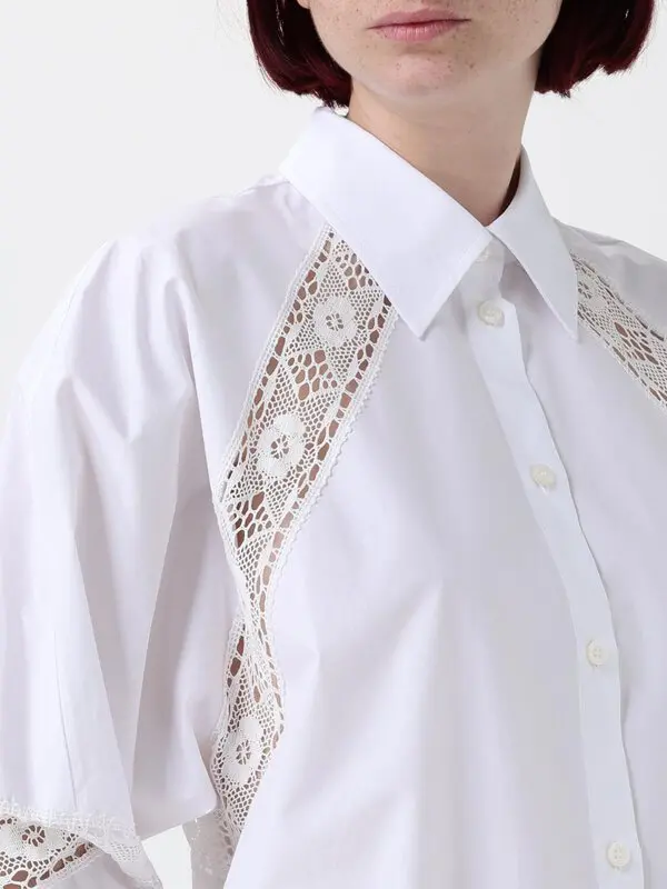 MSGM Cotton Mini Shirt Dress With Lace Inserts And Asymmetrical Hem