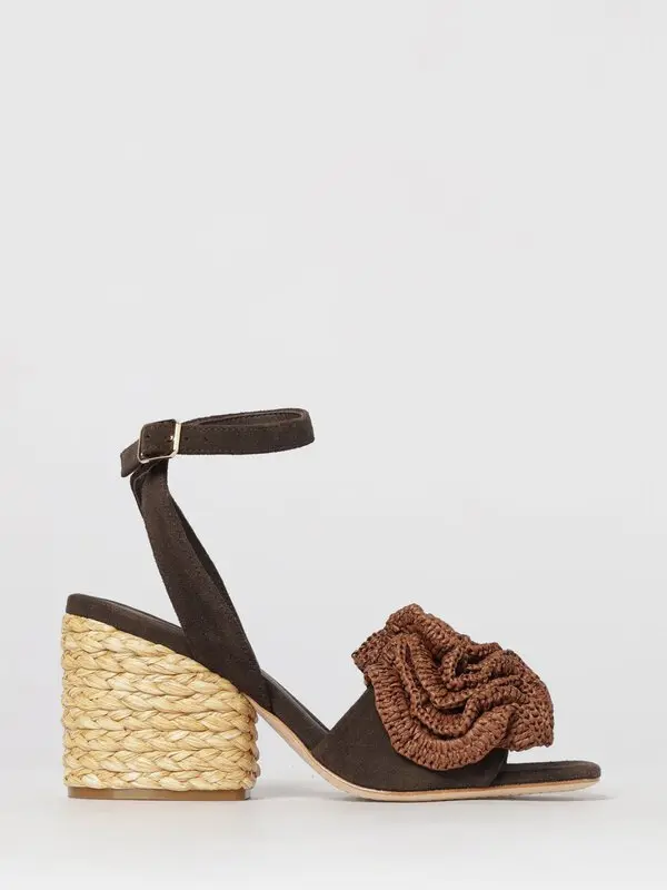 PALOMA BARCELO Suede And Raffia Sandals With Flower Appliqué And Mid Heel - Brown