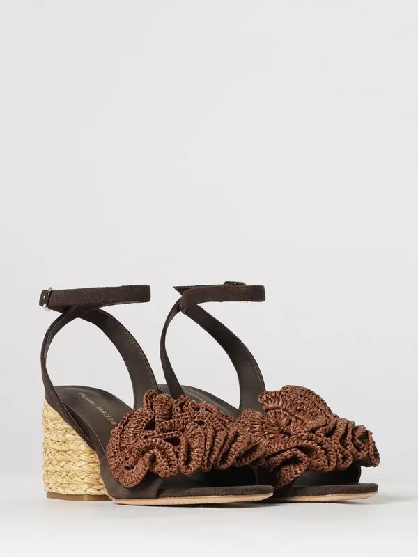PALOMA BARCELO Suede And Raffia Floral Appliqué Mid Heel Sandals