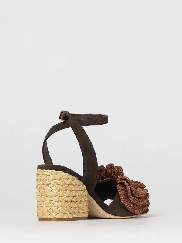 PALOMA BARCELO Suede And Raffia Floral Appliqué Mid Heel Sandals