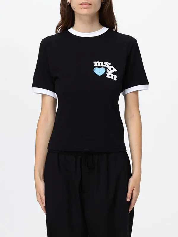 MSGM Slim Fit Cotton T-shirt With Logo Print And Contrast Trims - Black