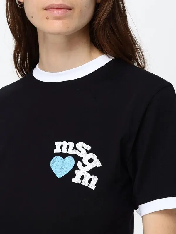 MSGM Slim Fit Cotton T-shirt With Logo Print And Contrast Trims - Black