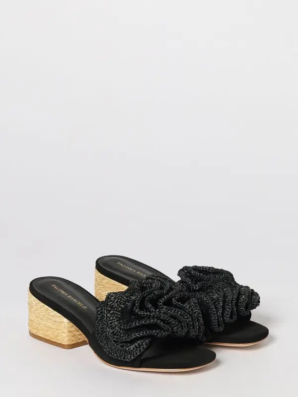 PALOMA BARCELO Suede And Raffia Slip-on Mules With Floral Appliqu - Black