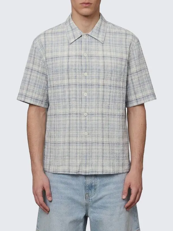SUNFLOWER Check Cotton And Linen Blend Casual Shirt - Blue