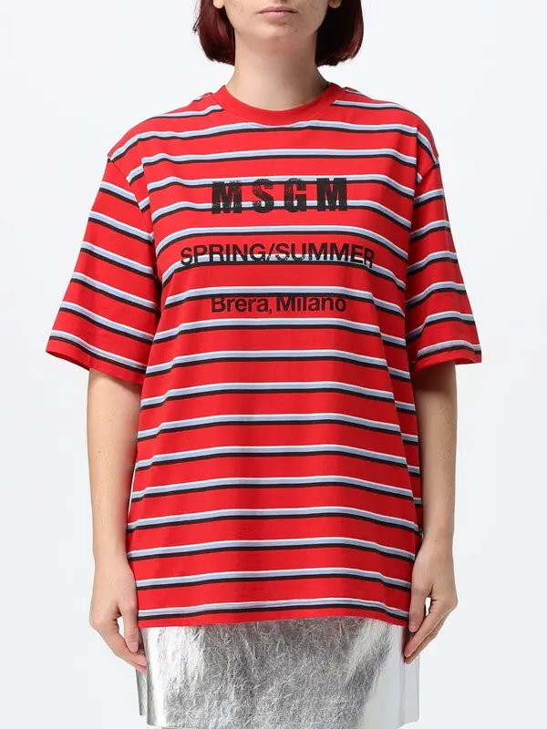 MSGM Oversized Striped Cotton T-shirt With Logo Print - Red