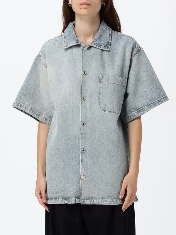 MSGM Relaxed Fit Short-sleeved Cotton Denim Bowling Shirt - Gnawed Blue