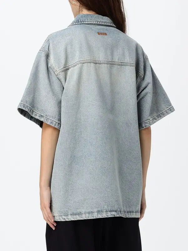 MSGM Relaxed Fit Short-sleeved Cotton Denim Bowling Shirt - Gnawed Blue