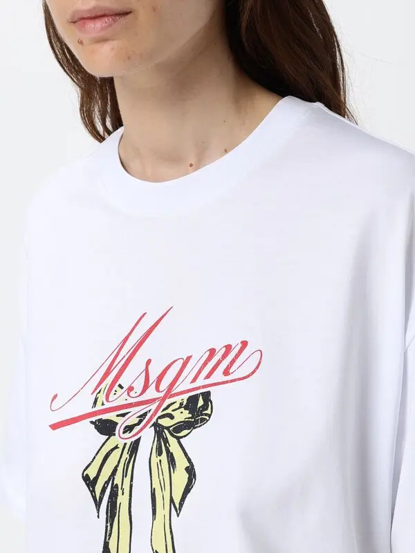 MSGM Cotton T-shirt With Logo Print And Applied Bows
