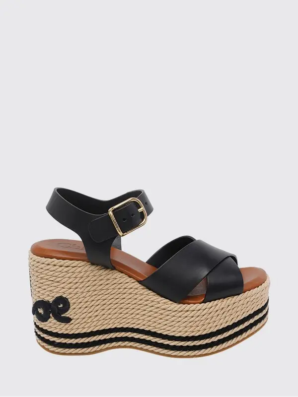 Chloé High Wedge Sandals In Calfskin Leather With Embroidered Logo And Strap - Black