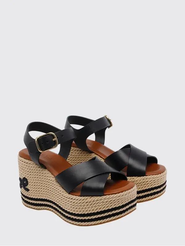 Chloé High Wedge Sandals In Calfskin Leather - Black