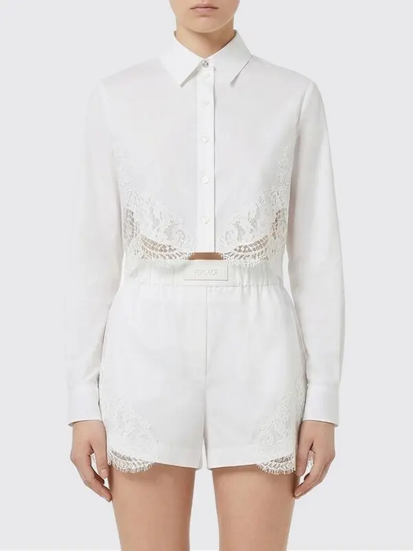 Versace Cropped Cotton Shirt With Lace Inserts