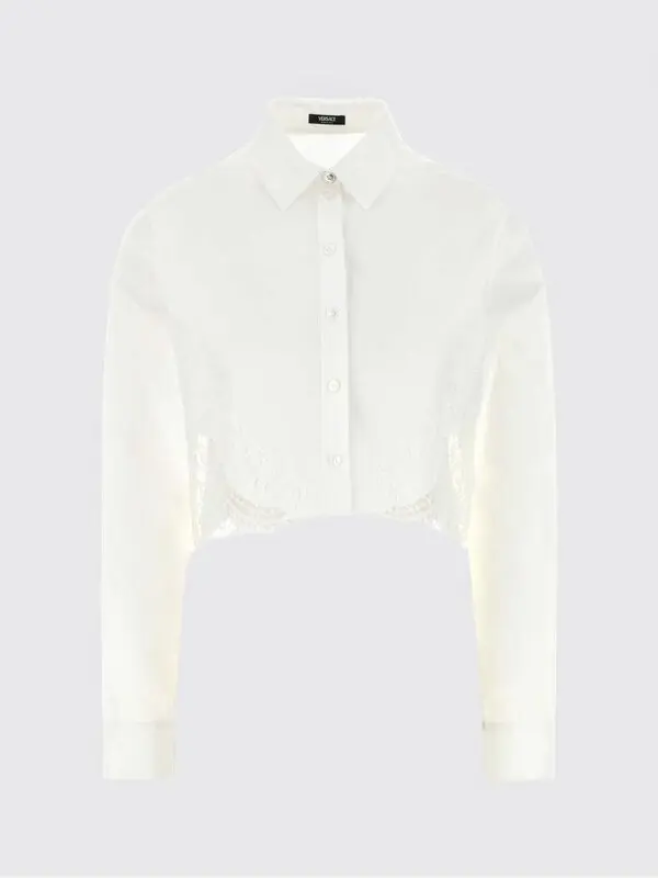 Versace Cropped Cotton Shirt With Lace Inserts