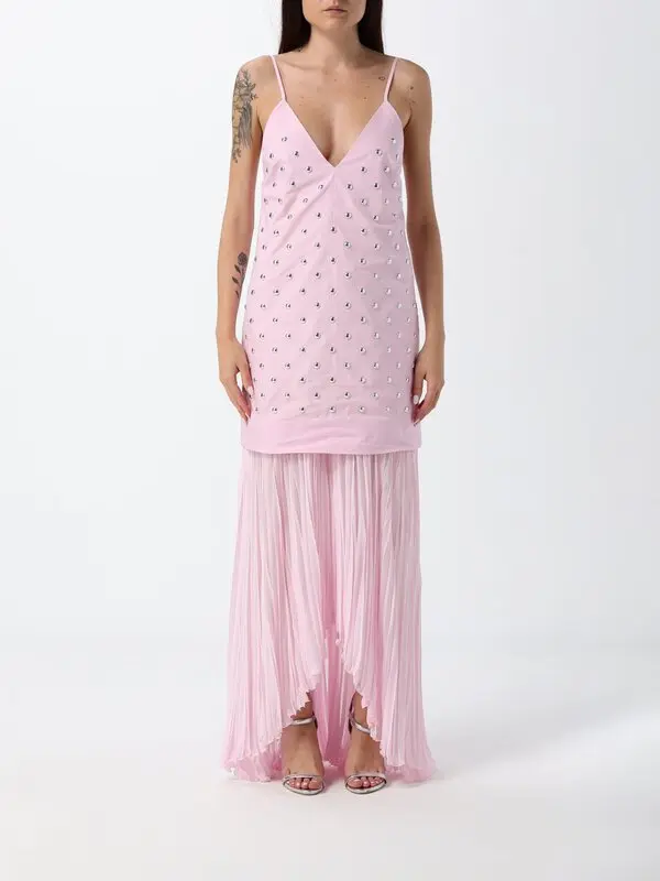 MSGM Pleated Cotton Evening Gown With V-neck And Embroidery - Pink