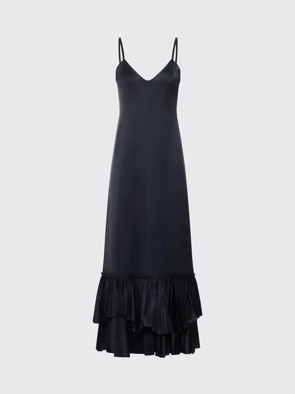 JIL SANDER Long Silk Blend Dress With V-neck And Ruffle Application