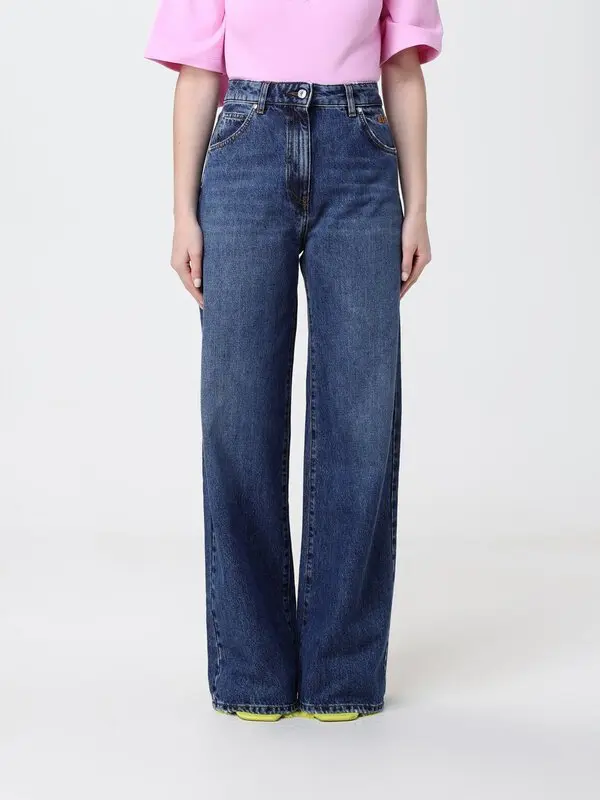 MSGM High-waisted Wide Leg Jeans In Cotton Denim With Logo - Blue