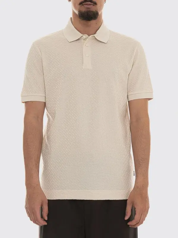 BOSS Jacquard Cotton Knit Polo Shirt With Ribbed Collar - White