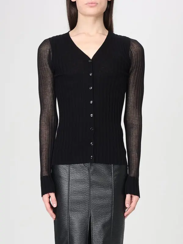 Pinko Ribbed V-neck Cardigan With Sheer Sleeves - Black