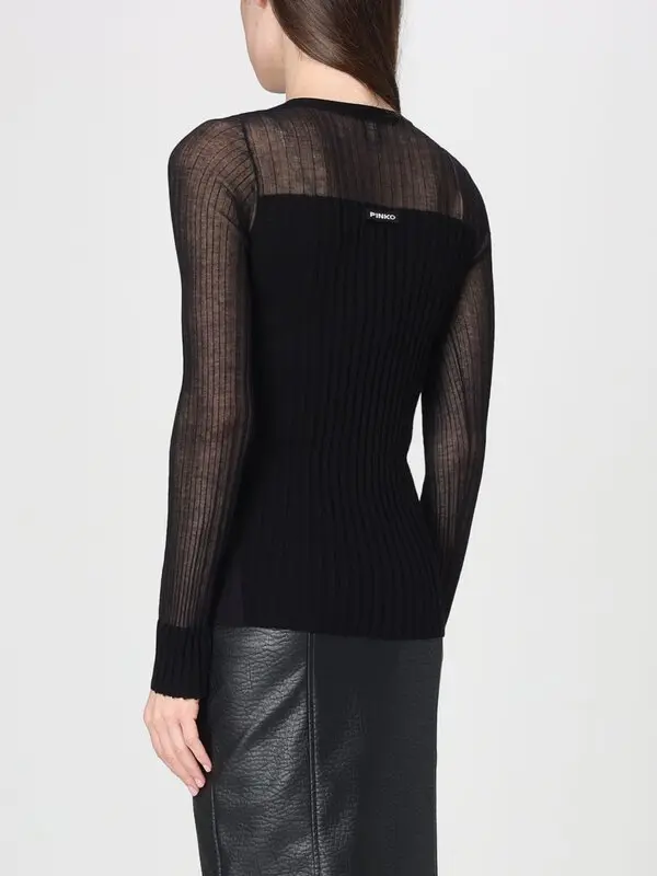 Pinko Ribbed V-neck Cardigan With Sheer Sleeves - Black
