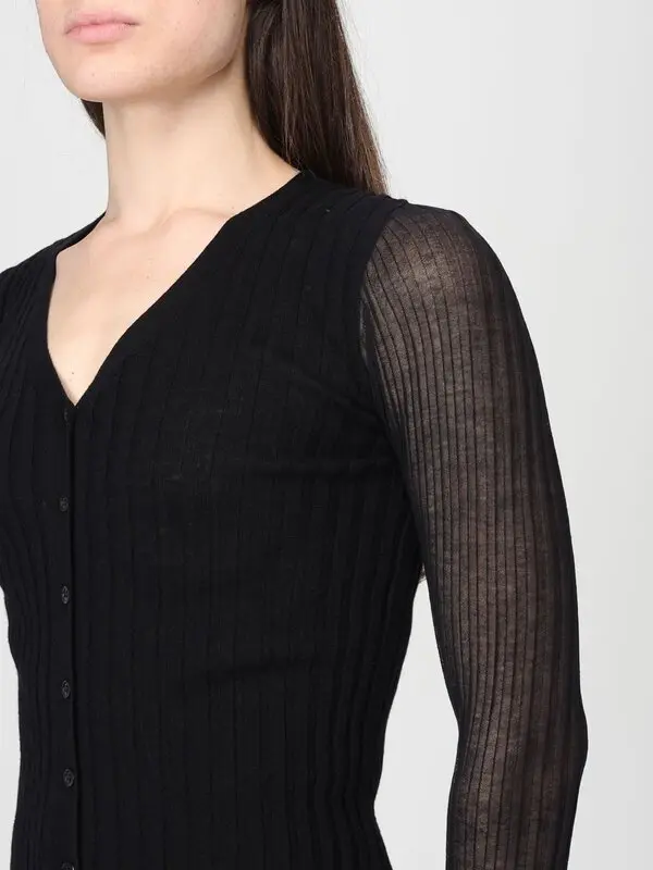 Pinko Ribbed V-neck Cardigan With Sheer Sleeves - Black
