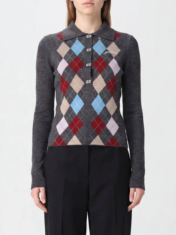 GANNI Slim Fit Argyle Wool Knit Long Sleeve Polo