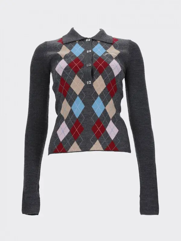 GANNI Slim Fit Argyle Wool Knit Long Sleeve Polo