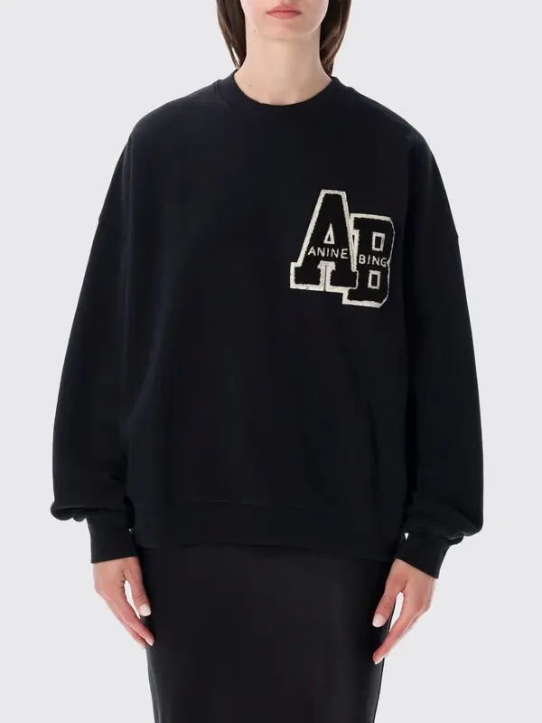 ANINE BING College-style Logo Patch Cotton Crewneck Sweatshirt - Black