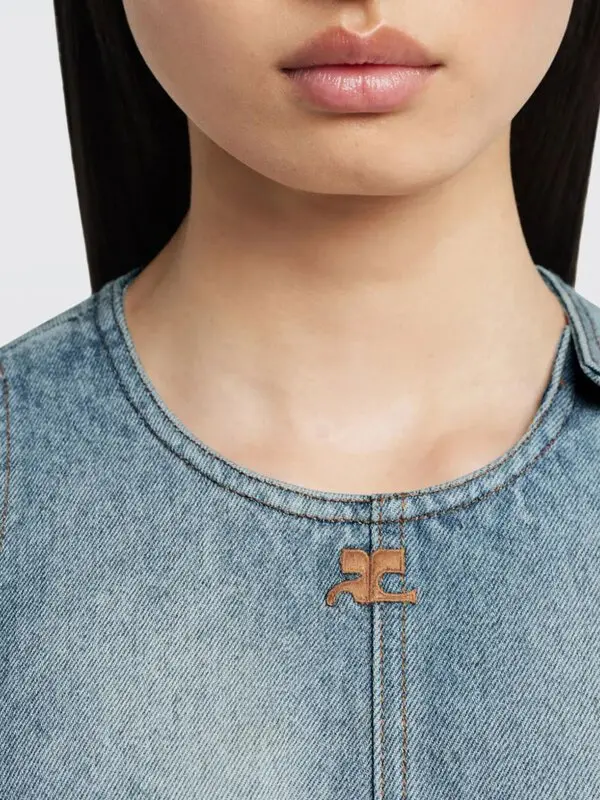 COURREGES Sleeveless A-line Denim Mini Dress With Embroidered Logo