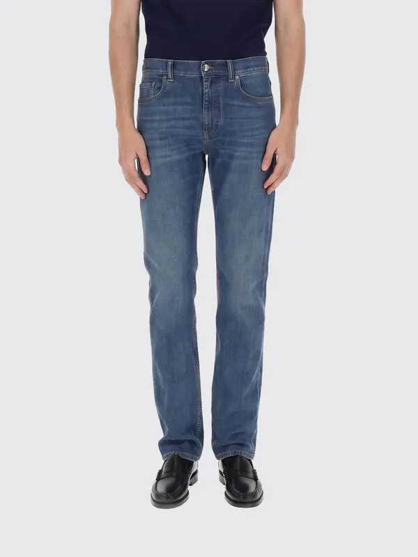 Versace Slim Fit Five-pocket Cotton Jeans With Logo - Denim