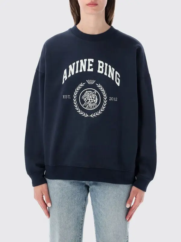 ANINE BING Cotton Crewneck Sweatshirt With Logo - Navy