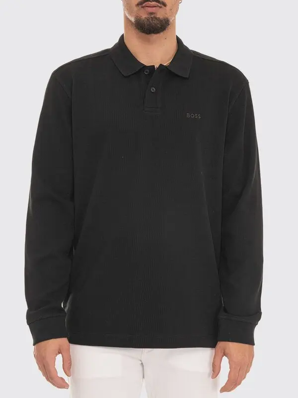 BOSS Long-sleeved Piqué Cotton Polo With Embroidered Logo - Black