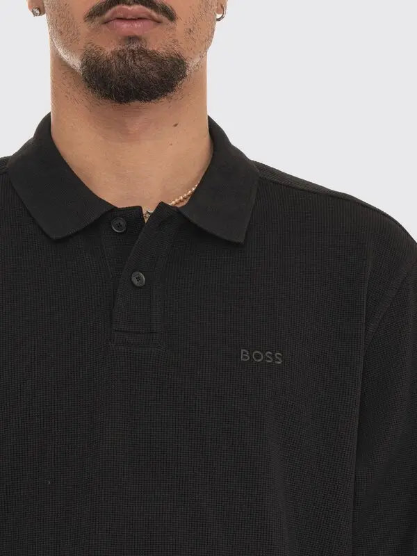 BOSS Long-sleeved Piqué Cotton Polo With Embroidered Logo - Black