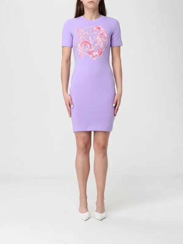 Versace Stretch Cotton Dress With Logo - Violet