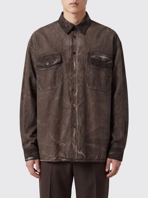 UMA WANG Relaxed Fit Distressed-effect Cotton Shirt With French Collar - Brown