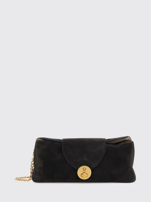 Versace Suede Flap Bag With Gold Tone Clasp - Coffee