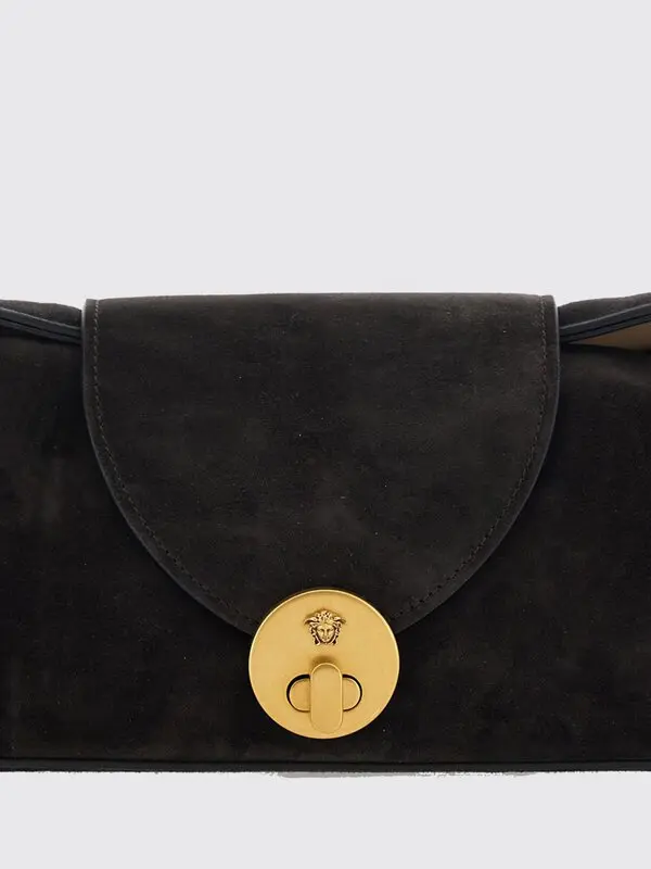 Versace Suede Flap Bag With Gold Tone Clasp - Coffee