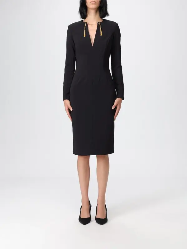 Elisabetta Franchi Long Sleeve V-neck Dress - Black