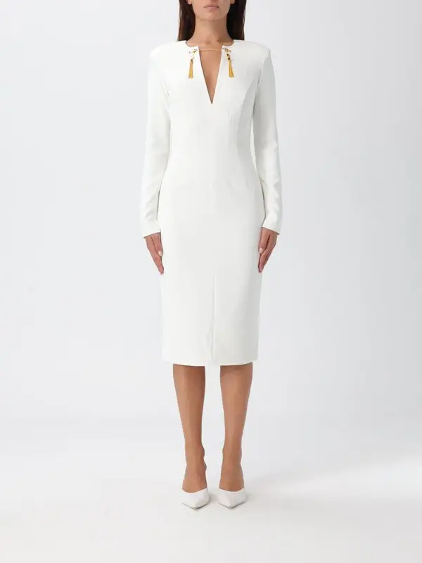 Elisabetta Franchi Long Sleeve Midi Dress - Ivory