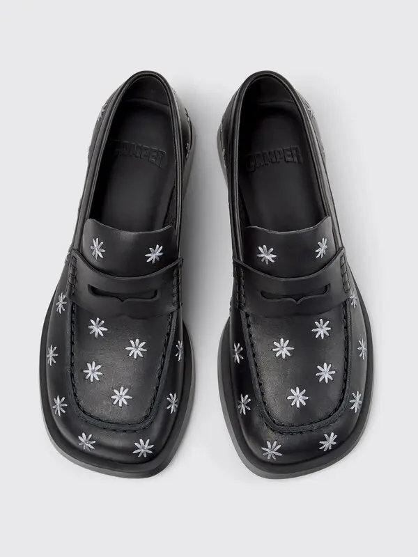 Camper Leather Loafers With Floral Embroidery