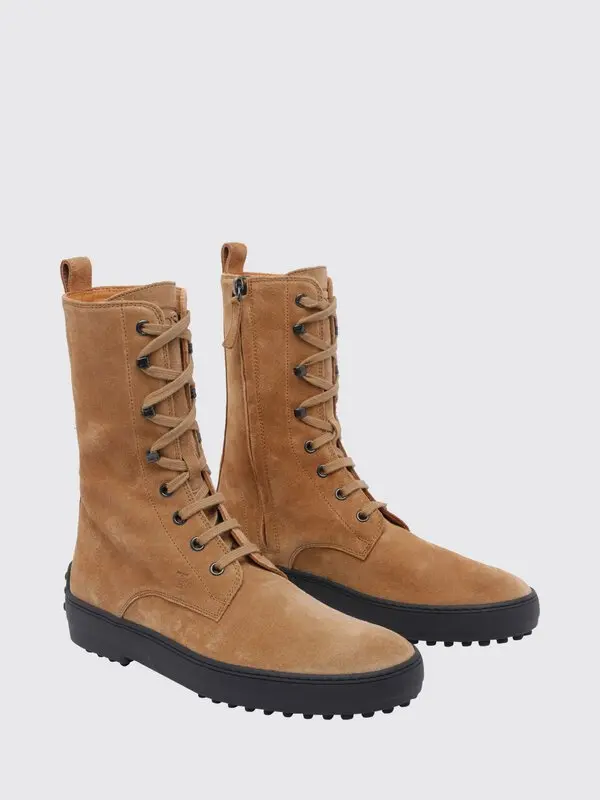 TOD'S Calf-high Suede Combat Boots With Embossed T Timeless Logo And Gommino Sole - Brown