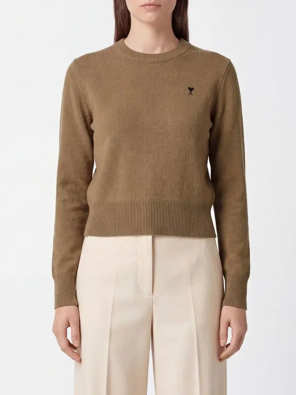 AMI Paris Slim Fit Merino Wool Sweater With Embroidered De Coeur Logo - Camel