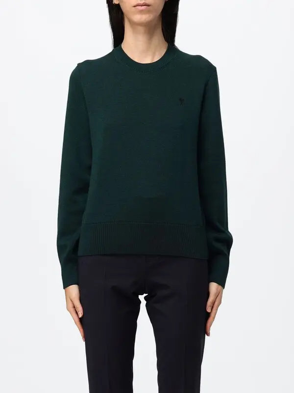 AMI Paris Slim Fit Merino Wool Sweater With Embroidered De Coeur Logo - Green