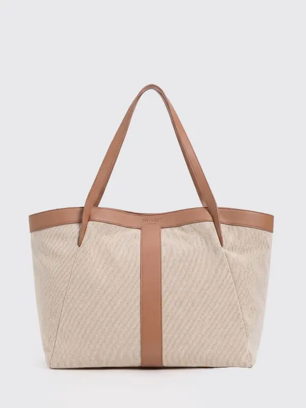 TWINSET Large Flared Tote Bag In Canvas And Leather With Double Handle