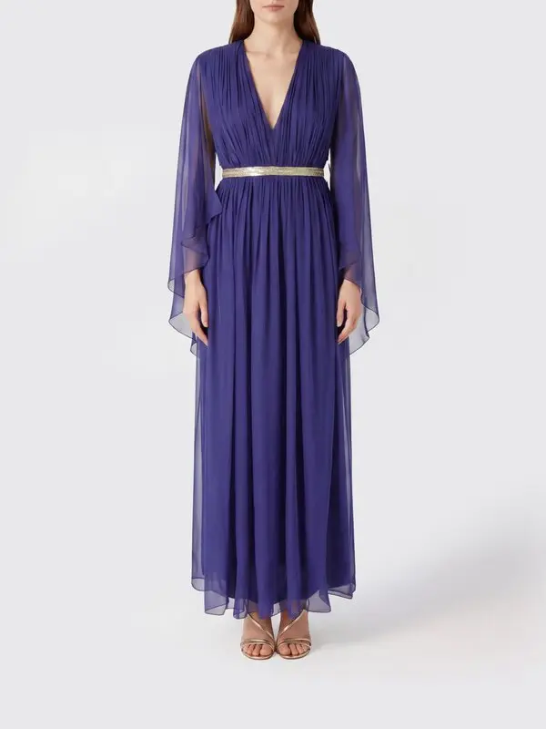 Alberta Ferretti Sleeveless V-neck Pleated Silk Evening Gown - Blue