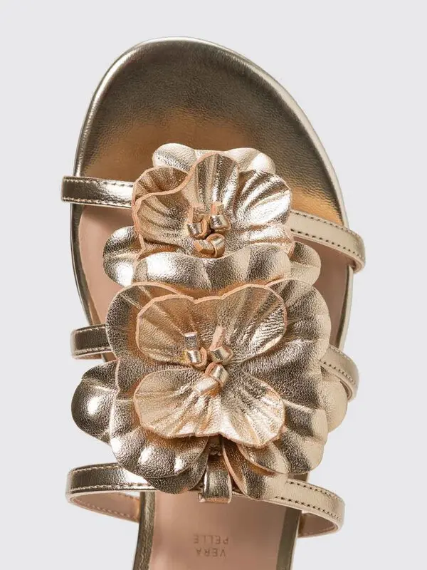 TWINSET Laminated Leather Slide Sandals With Floral Appliqué And Low Heel - Gold