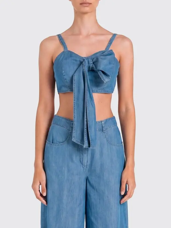 TWINSET Cropped Lyocell Top With Sweetheart Neckline And Bow Detail - Denim