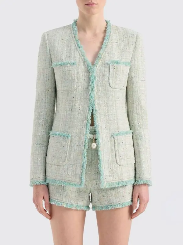 GENNY Cropped Cotton-jacquard Blazer With Fringed Hem