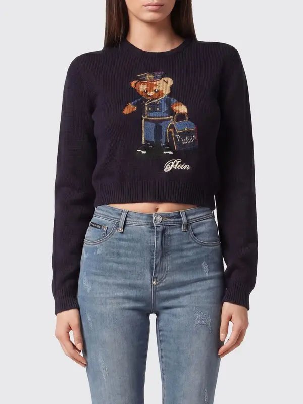 Philipp Plein Slim Fit Cotton Jacquard Teddy Bear Print Crewneck Sweater - Blue