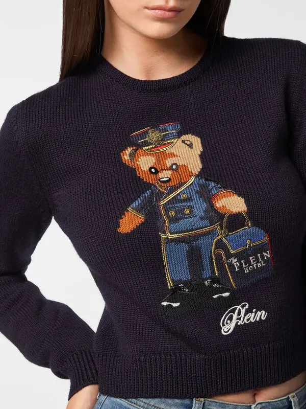 Philipp Plein Slim Fit Cotton Jacquard Teddy Bear Print Crewneck Sweater - Blue