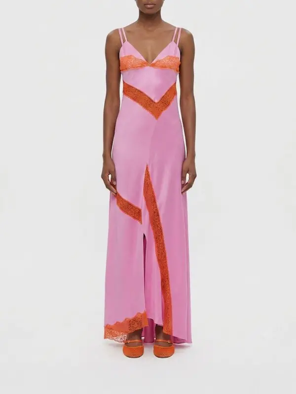 MSGM Long Satin Slip Dress With Lace Inserts And Front Slit