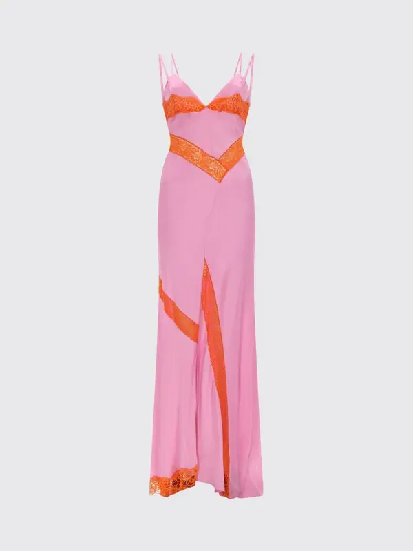 MSGM Long Satin Slip Dress With Lace Inserts And Front Slit
